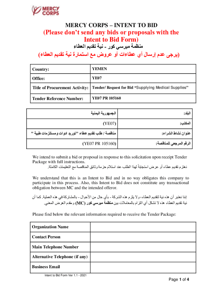 Fillable Online Attachment 1- Intent to Bid Form.pdf - Mercy Corps Fax ...