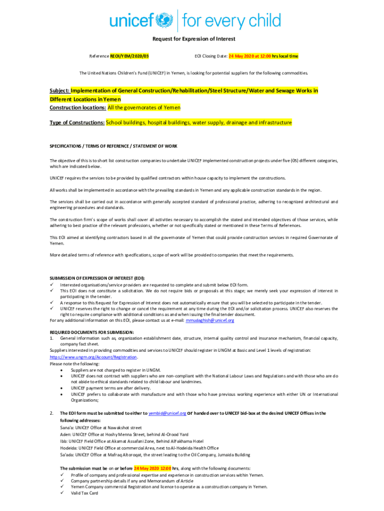Fillable Online UNICEF Request for Expression of Interest (REOI) for Open ... Fax Email Print ...