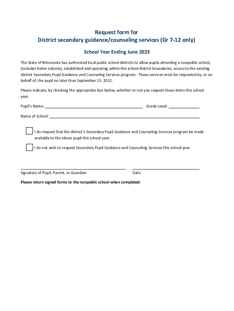 Fillable Online homeschool mpls k12 mn REQUEST FORM FOR DISTRICT SECONDARY GUIDANCE ... Fax ...