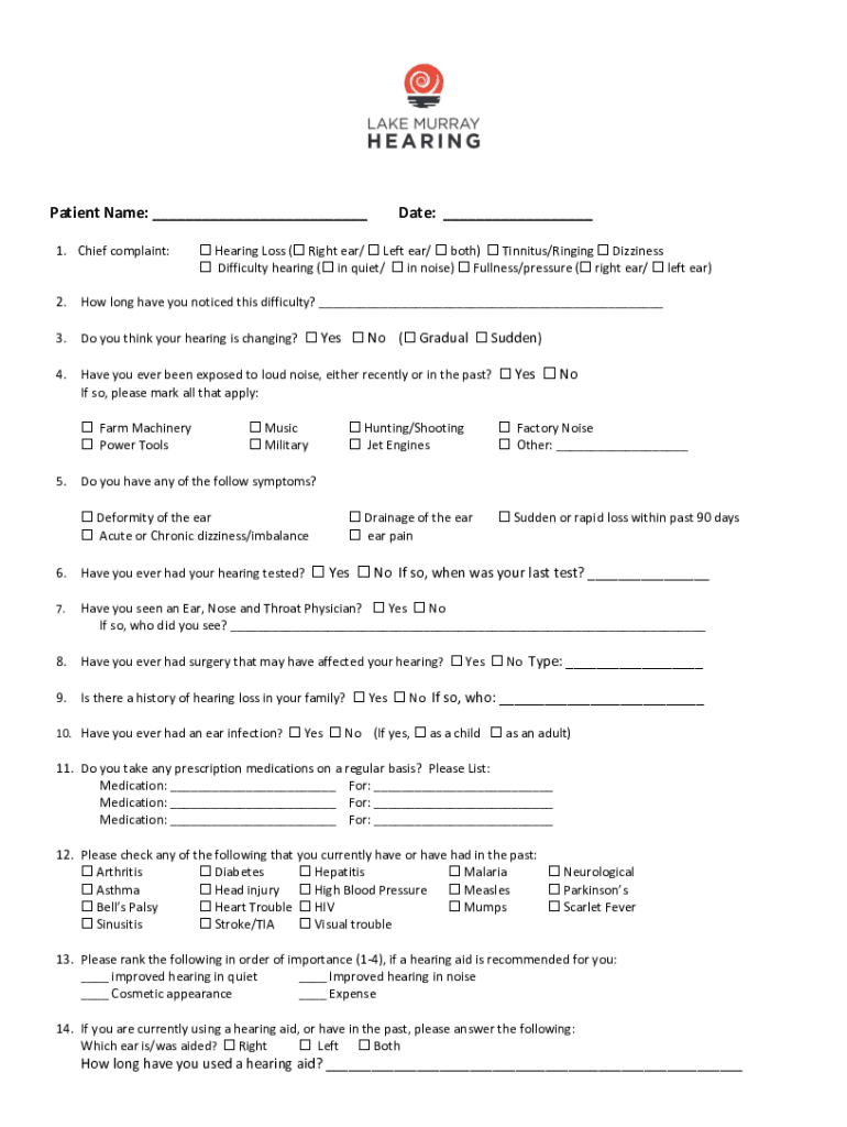 Fillable Online Associated Hearing and Diagnostics Adult Case History ...