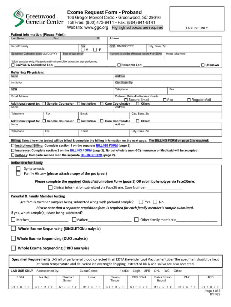 Fillable Online Exome Request Form - Proband - Greenwood Genetic Center Fax Email Print - pdfFiller