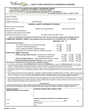 Fillable Online FACILITY USER CERTIFICATE OF INSURANCE COVERAGE Fax ...