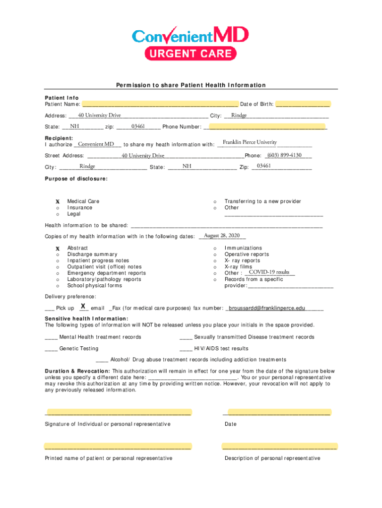 Fillable Online eraven franklinpierce Permission to share Patient ...