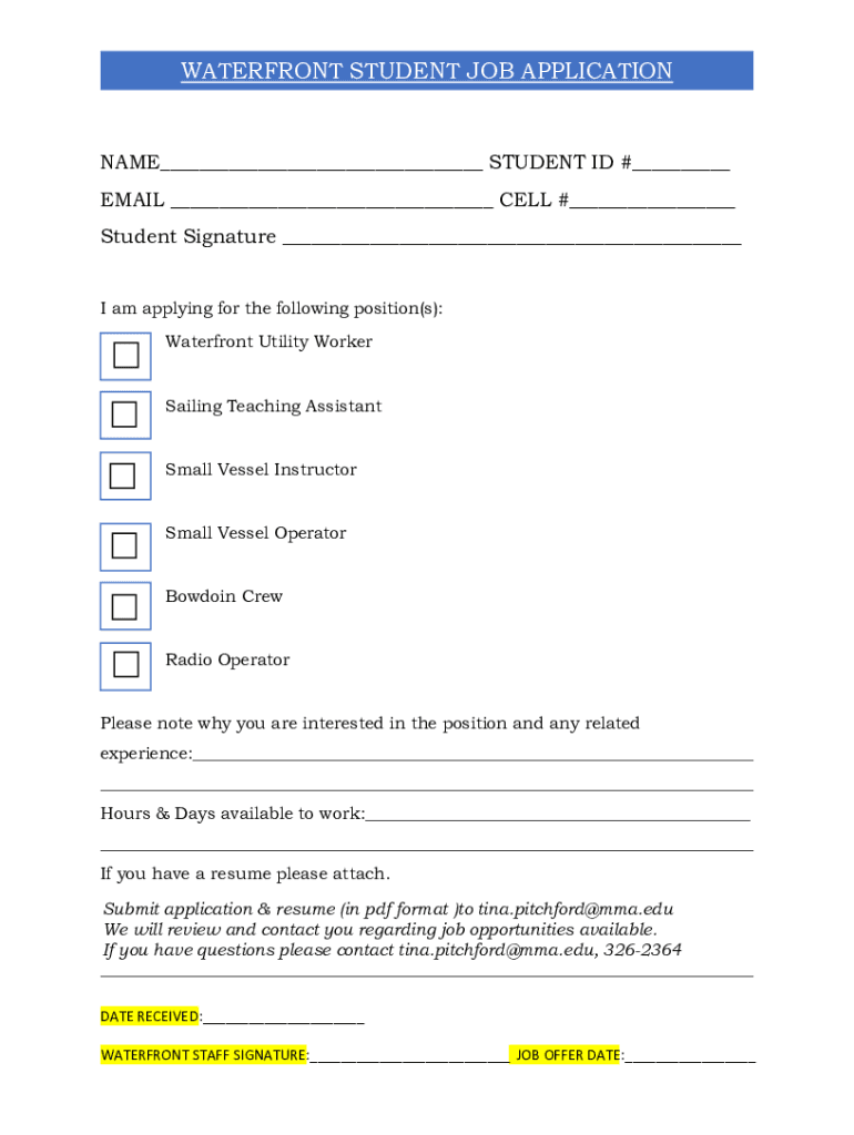 Fillable Online WATERFRONT STUDENT JOB APPLICATION Fax Email Print - pdfFiller
