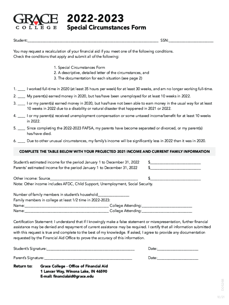 Fillable Online 2022-2023 - Special Circumstances Form - Grace College Fax Email Print - pdfFiller
