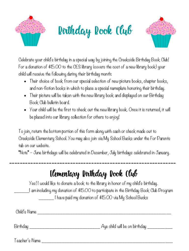Fillable Online Birthday Book Club - Cedar Wood Elementary PTA Fax ...