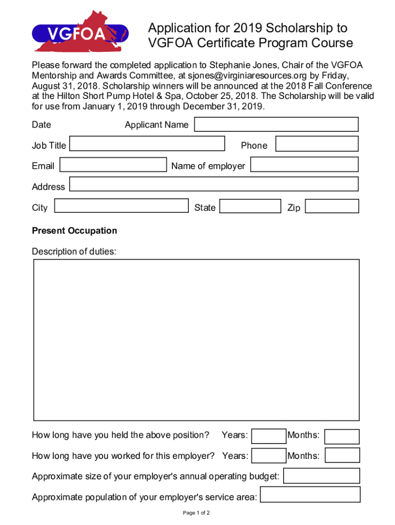 Fillable Online Application for 2019 Scholarship to VGFOA Certificate ... Fax Email Print ...