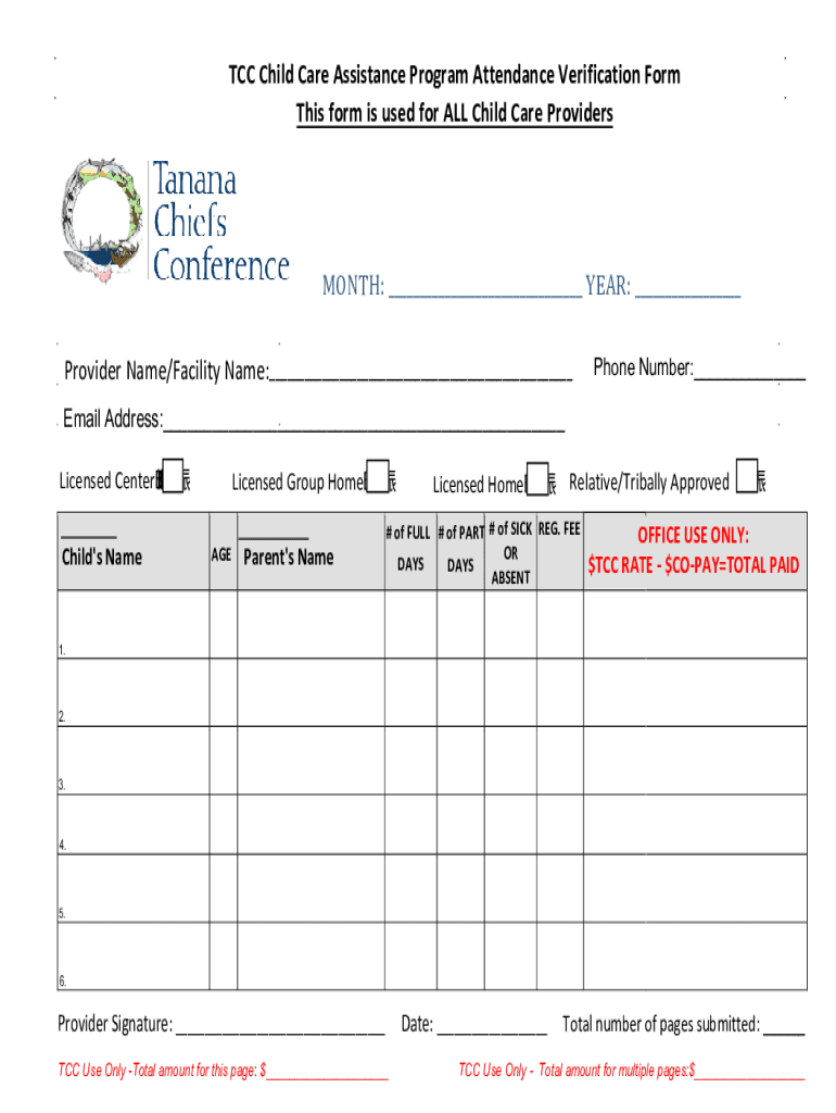 Fillable Online TCC Child Care Assistance Program Attendance ...
