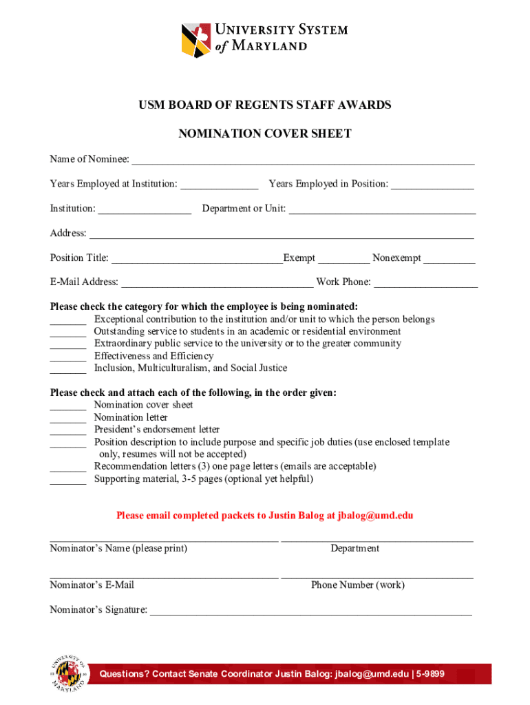 Fillable Online USM Board of Regents Staff Awards Nomination Period Is Open Fax Email Print ...