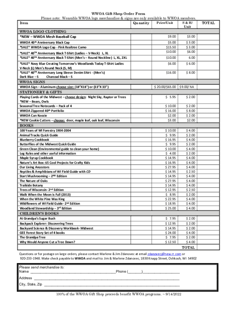 Fillable Online WWOA Gift Shop Order Form Fax Email Print - pdfFiller