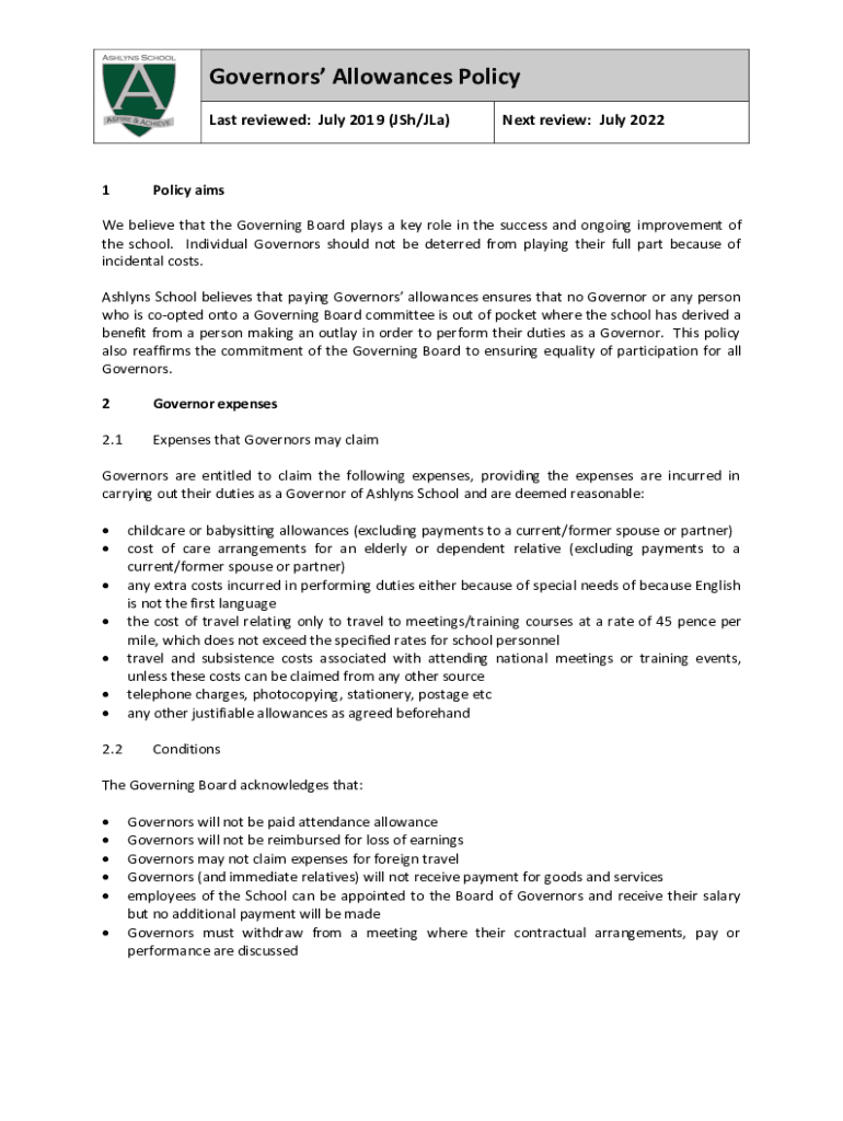 Fillable Online Governors' Allowances PolicyAshlyns School Fax Email ...