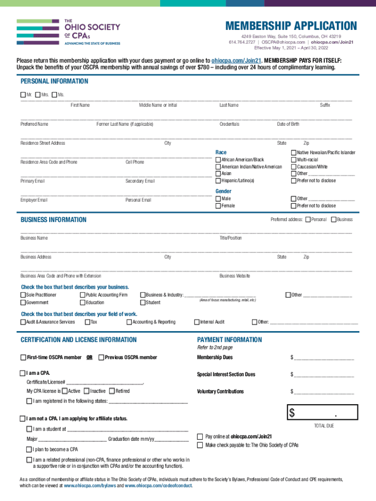 Fillable Online MEMBERSHIP APPLICATION - The Ohio Society of CPAs Fax ...