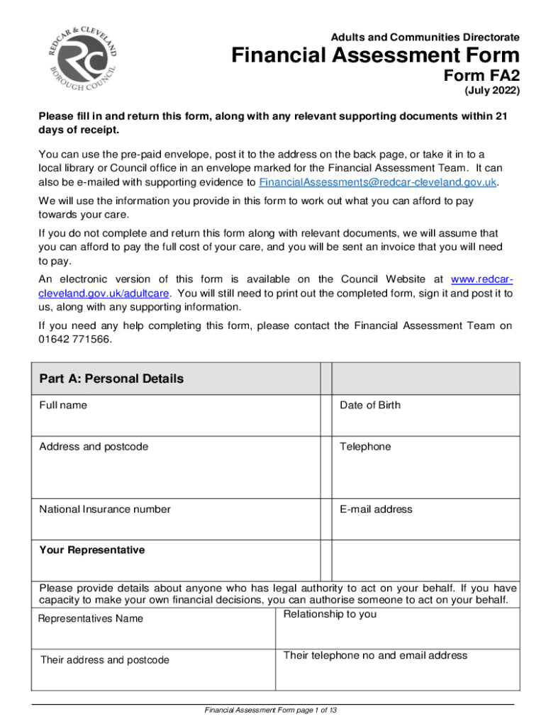FA2 Financial Assessment Form - Redcar and Cleveland: Fill out & sign ...