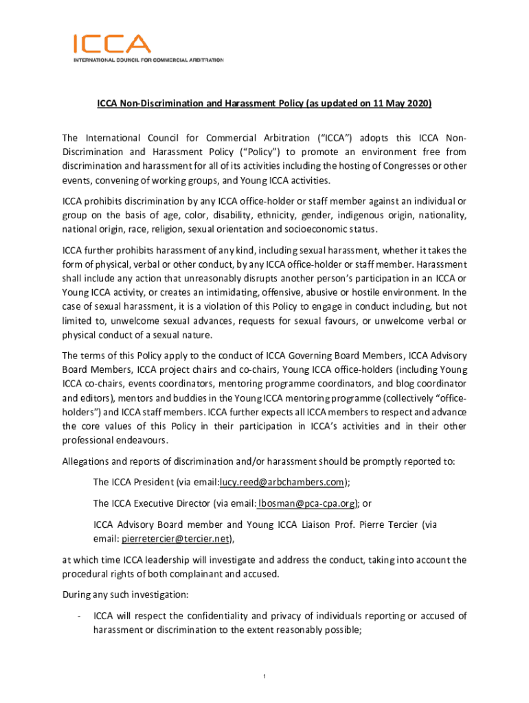 Fillable Online ICCA Non-Discrimination and Harassment Policy (as ...