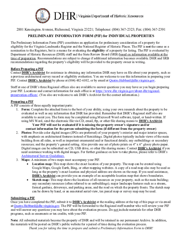 Fillable Online Virginia Preliminary Information Form (PIF) for Individual Properties ... Fax ...