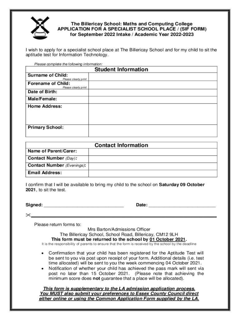 Fillable Online Student Information Contact Information - The Billericay School Fax Email Print ...