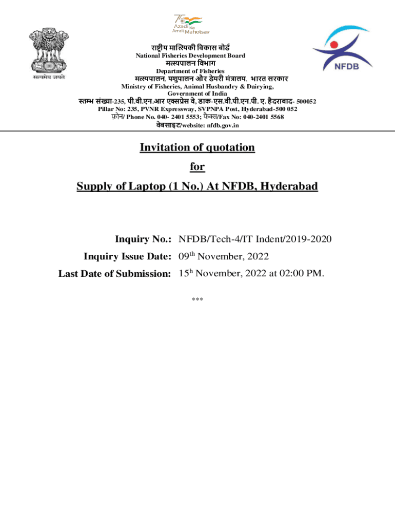 Fillable Online nfdb gov Invitation of quotation for Supply of Laptop ...