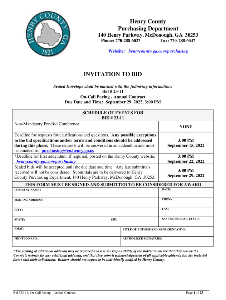 Fillable Online Bid 23-11 On-Call Paving, Annual Contract Fax Email ...