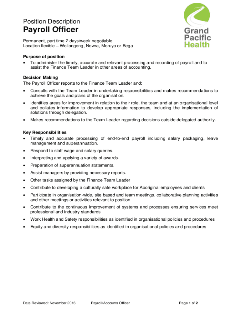 Fillable Online Payroll Officer job description template - Workable ...