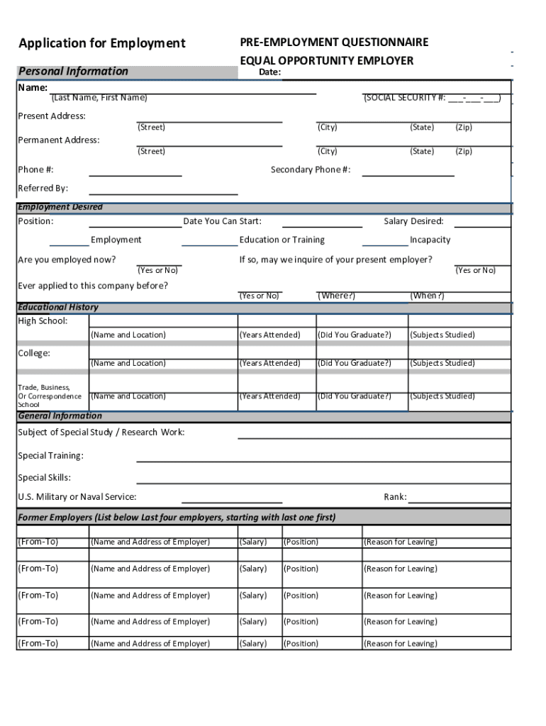 Fillable Online Get the free APPLICATION FOR EMPLOYMENT (PRE ... Fax ...