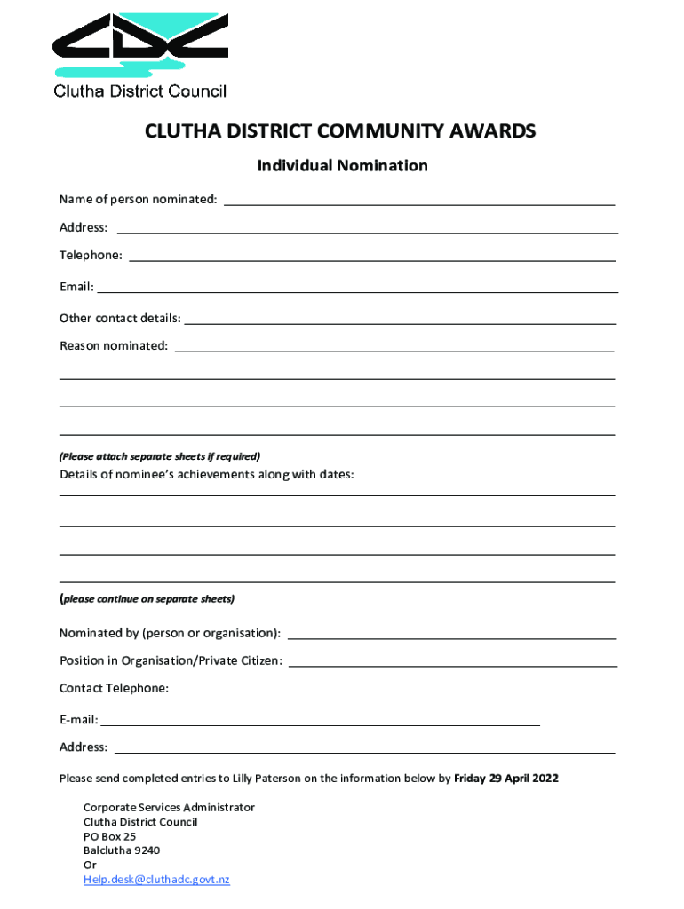 Fillable Online Community Service Merit Awards Nomination Form Fax ...