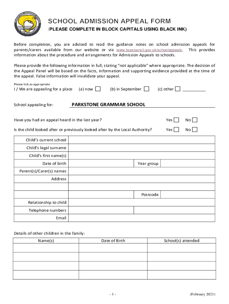 Fillable Online School admission appeals: guide for parents and carers ...