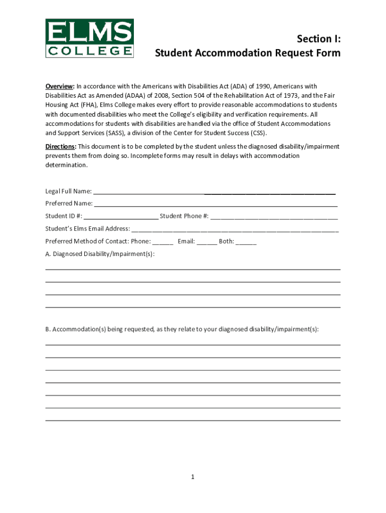 Fillable Online Section I: Student Accommodation Request FormElms College Fax Email Print ...