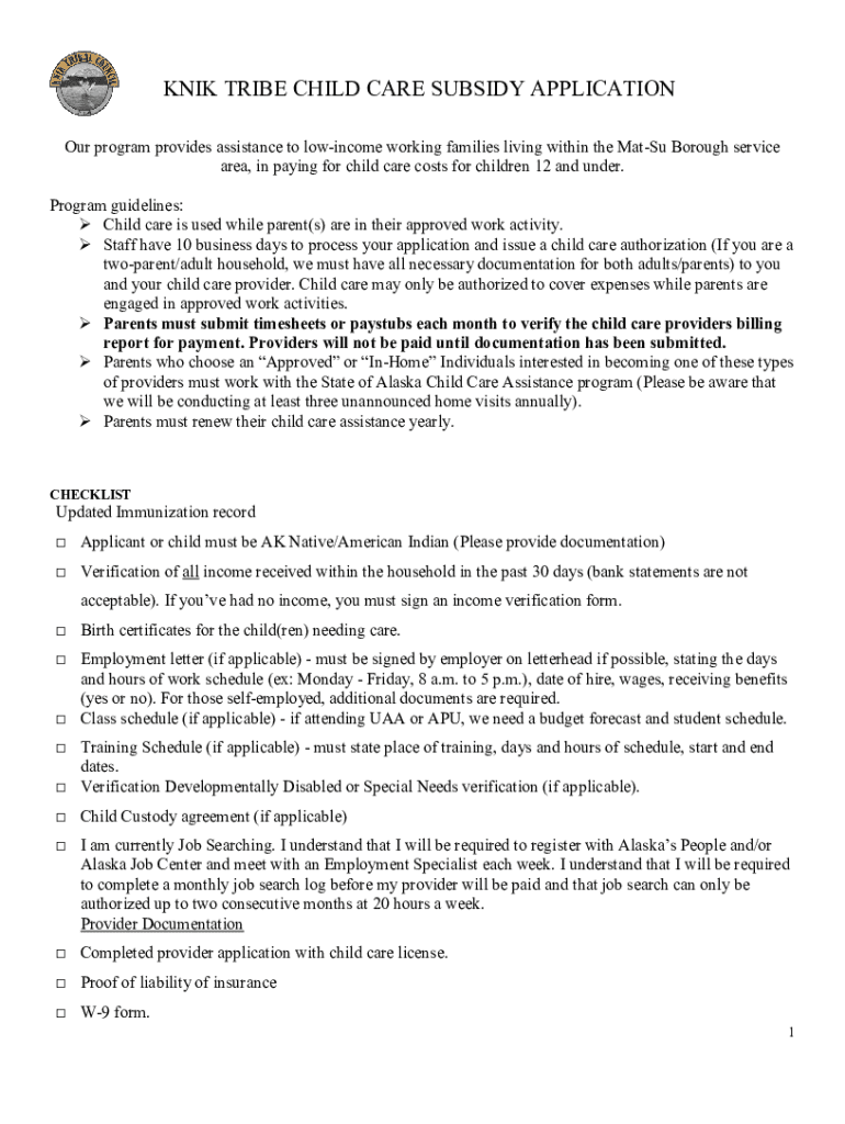 Fillable Online KNIK TRIBE CHILD CARE SUBSIDY APPLICATION Fax Email ...