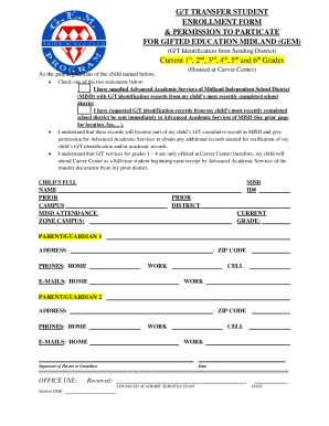 Fillable Online g/t transfer student enrollment form & permission to ...
