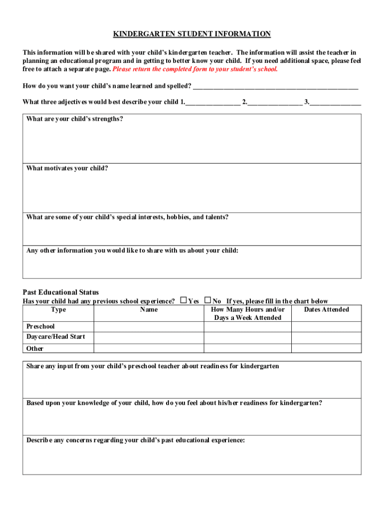 Fillable Online 22-23 Kindergarten Student Information Form Fax Email ...
