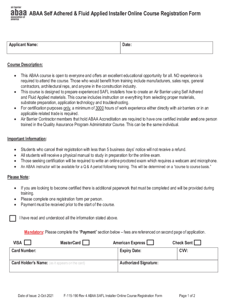 Fillable Online F-115-190 Rev 4 ABAA SAFL Installer Online Course ...