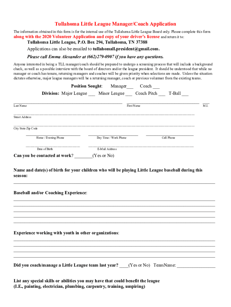 Fillable Online Tullahoma Little League Manager/Coach Application Fax Email Print - pdfFiller