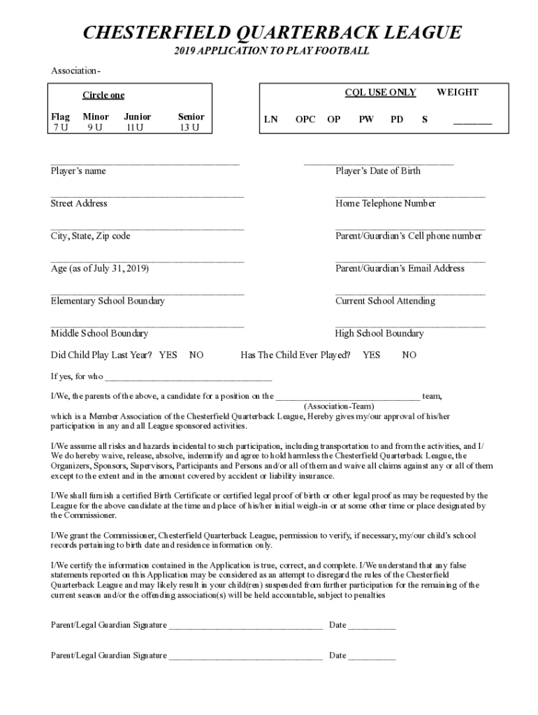Fillable Online Forms - Chesterfield Quarterback League Fax Email Print ...