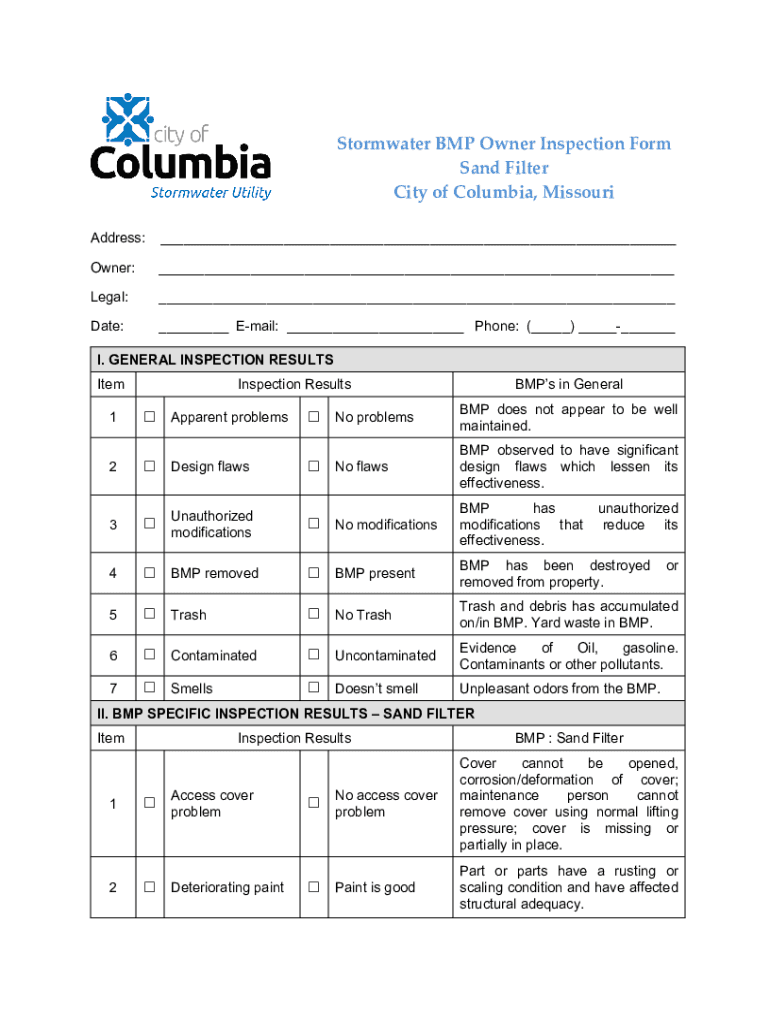 Fillable Online Stormwater BMP Owner Inspection Form Sand Filter City ...