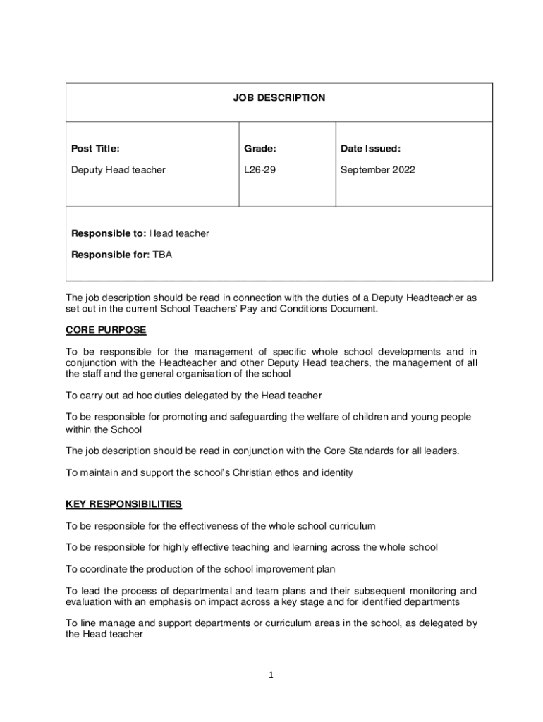 Fillable Online 1 Job Description Job Title Primary Deputy Head ...