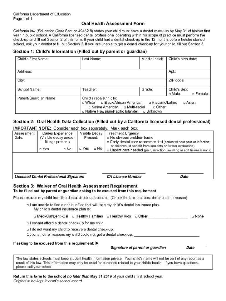 Fillable Online Oral Health Assessment Form - Fill and Sign ... - US ...