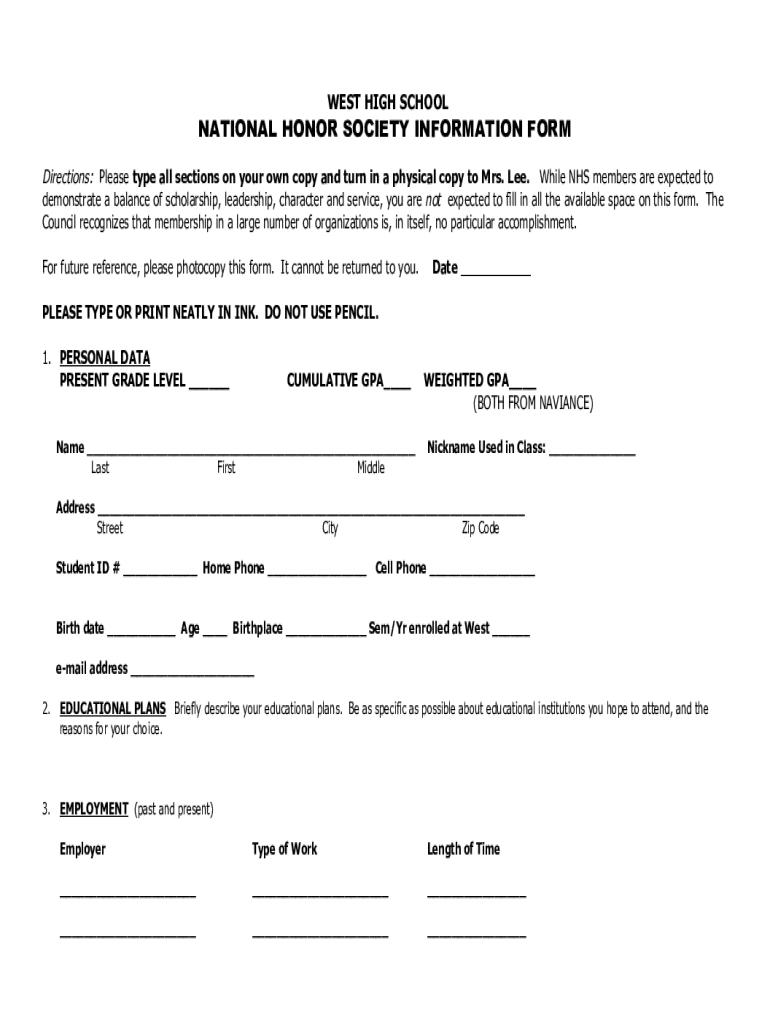 Fillable Online National Honor Society Candidate Form 2021-2022 Fax Email Print - pdfFiller