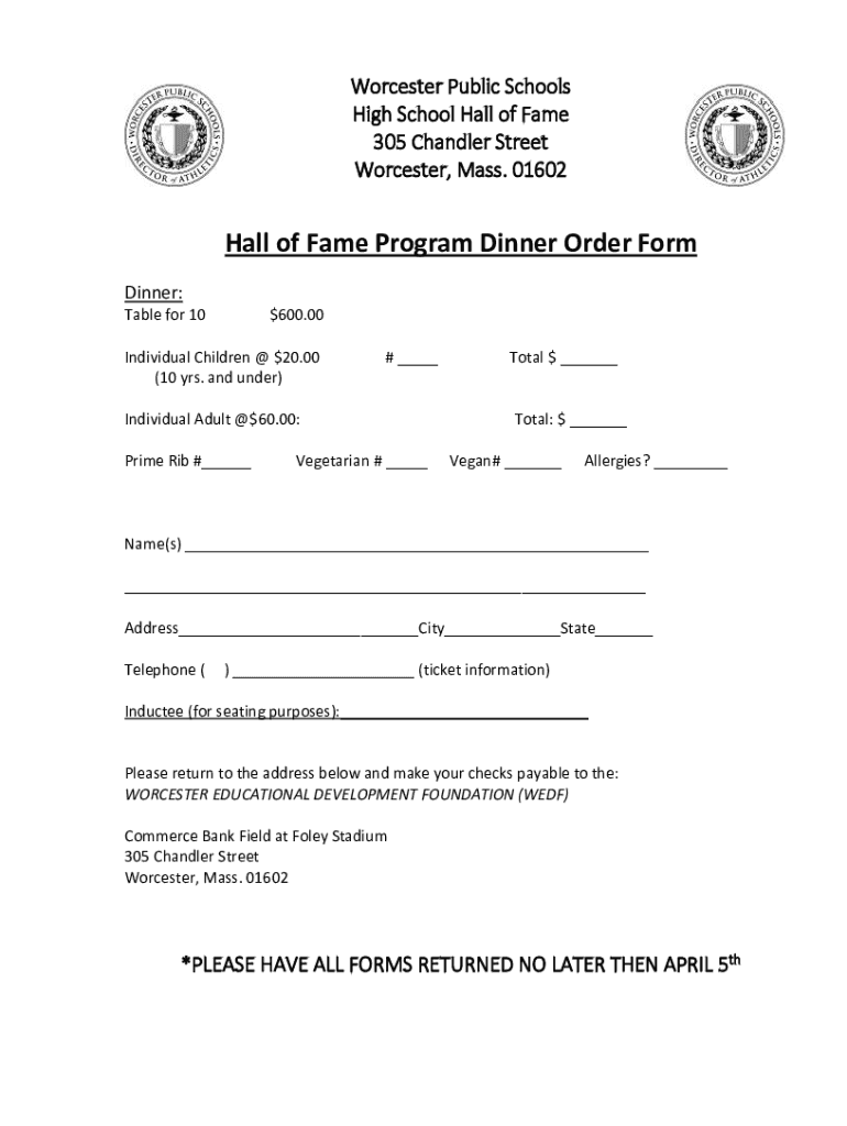 Fillable Online Hall of Fame Program Dinner Order Form Fax Email Print - pdfFiller