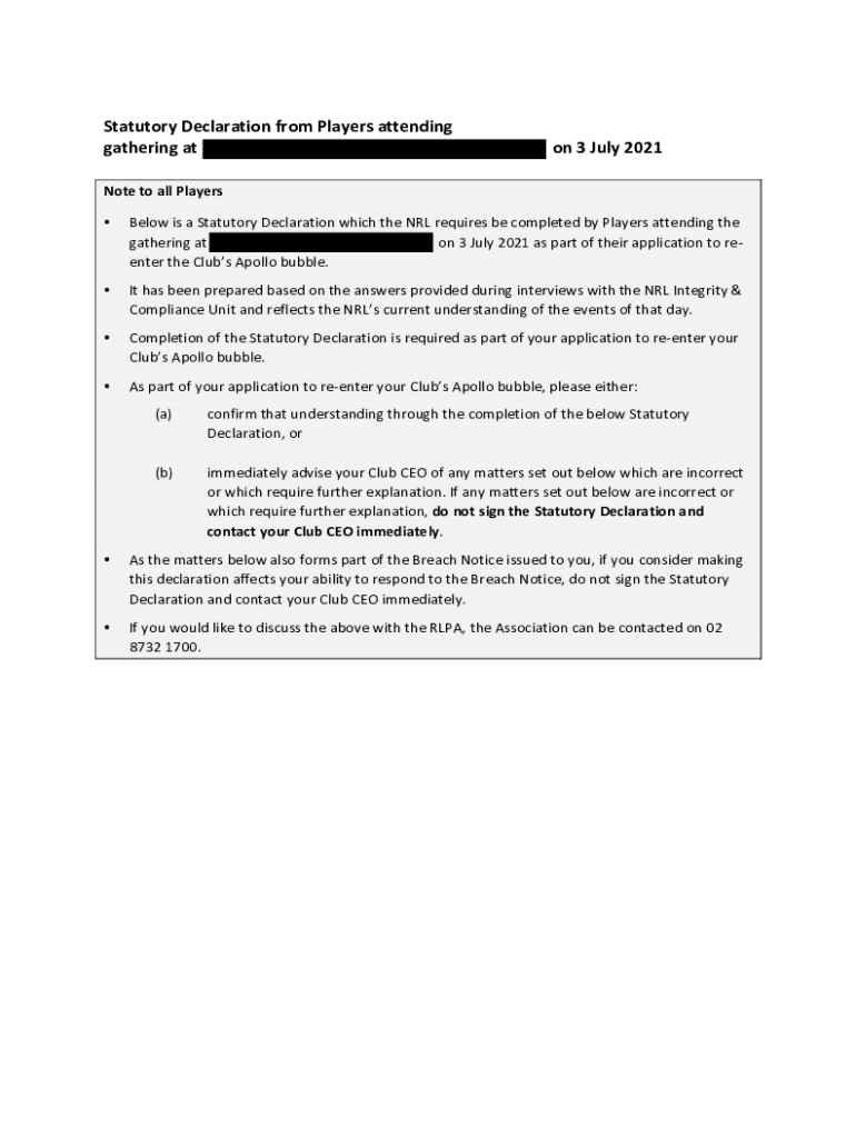 Fillable Online Statutory Declaration from Players attending gathering ...