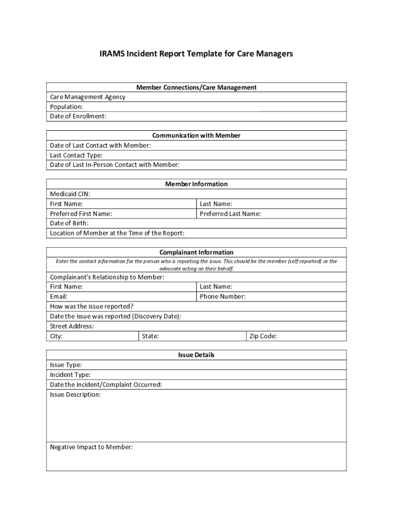 Fillable Online IRAMS Incident Report Template for Care Managers Fax Email Print - pdfFiller