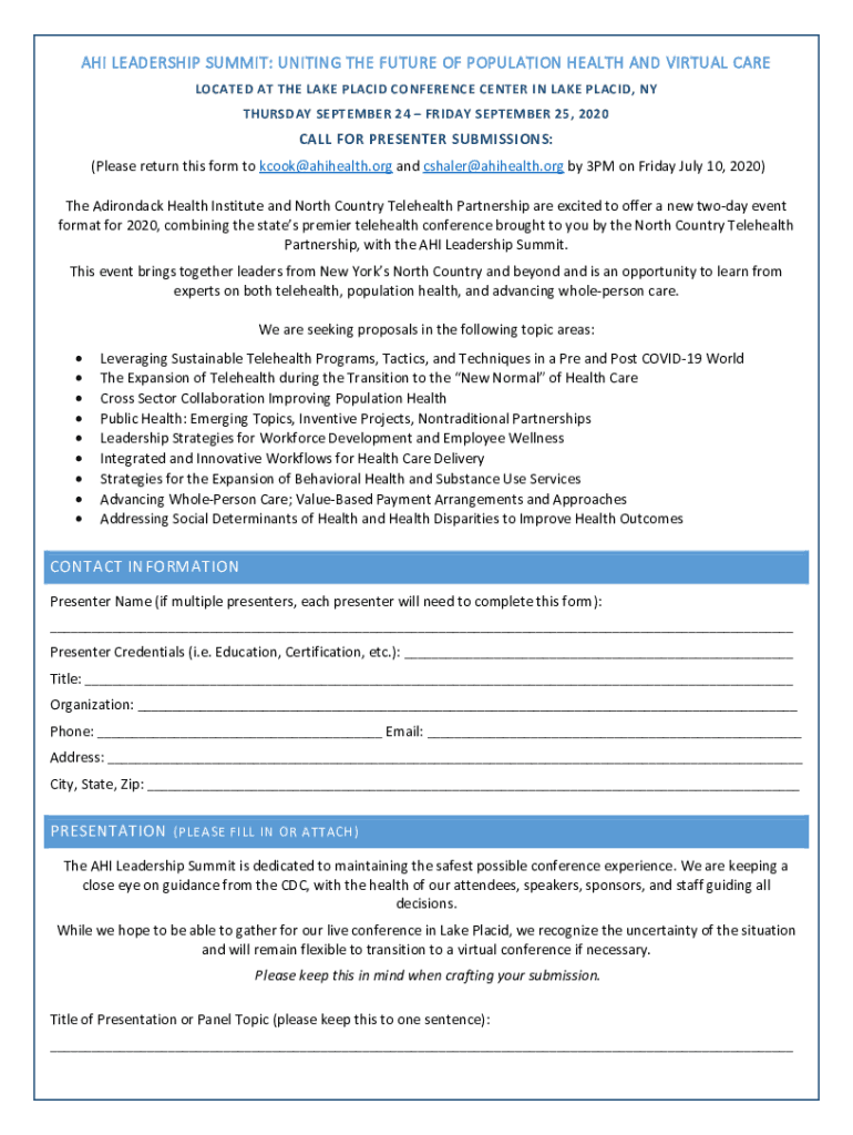 Fillable Online ahi leadership summit: uniting the future of population ... Fax Email Print ...