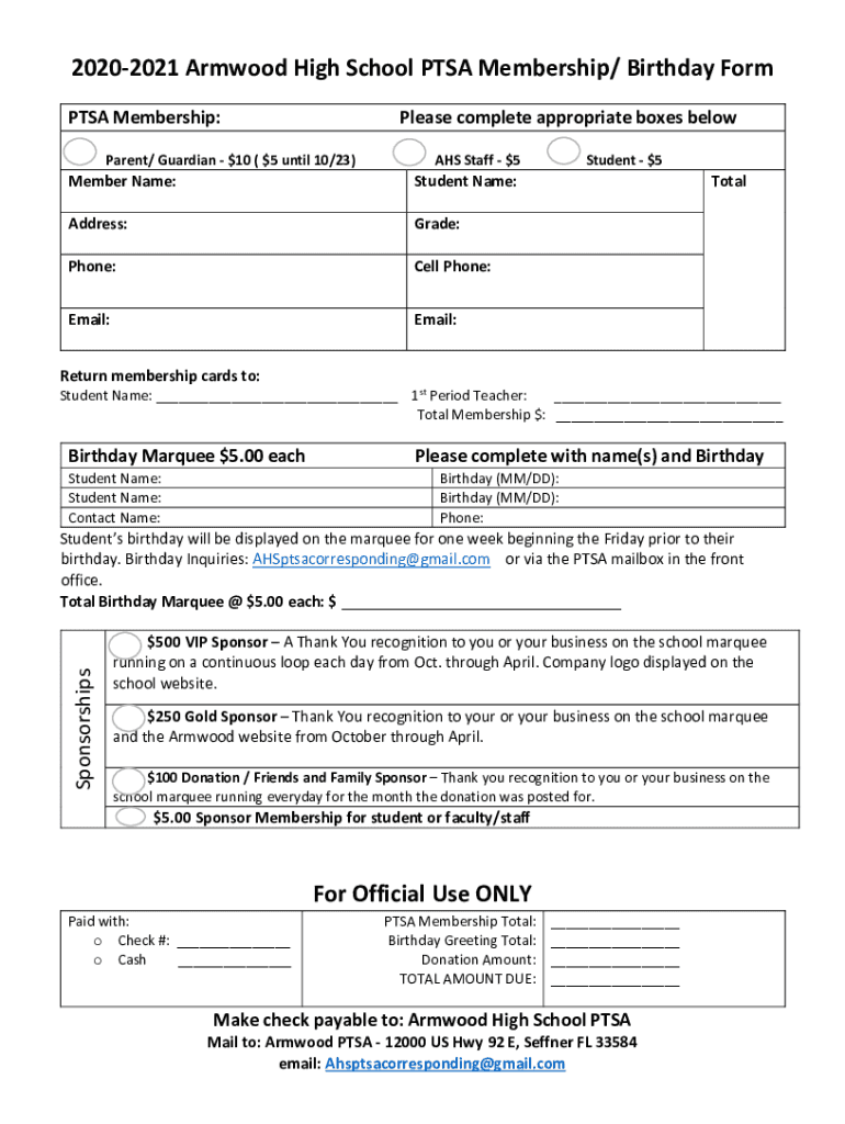 Fillable Online Birthday Form For Official Use ONLY - PTSA Membership Fax Email Print - pdfFiller