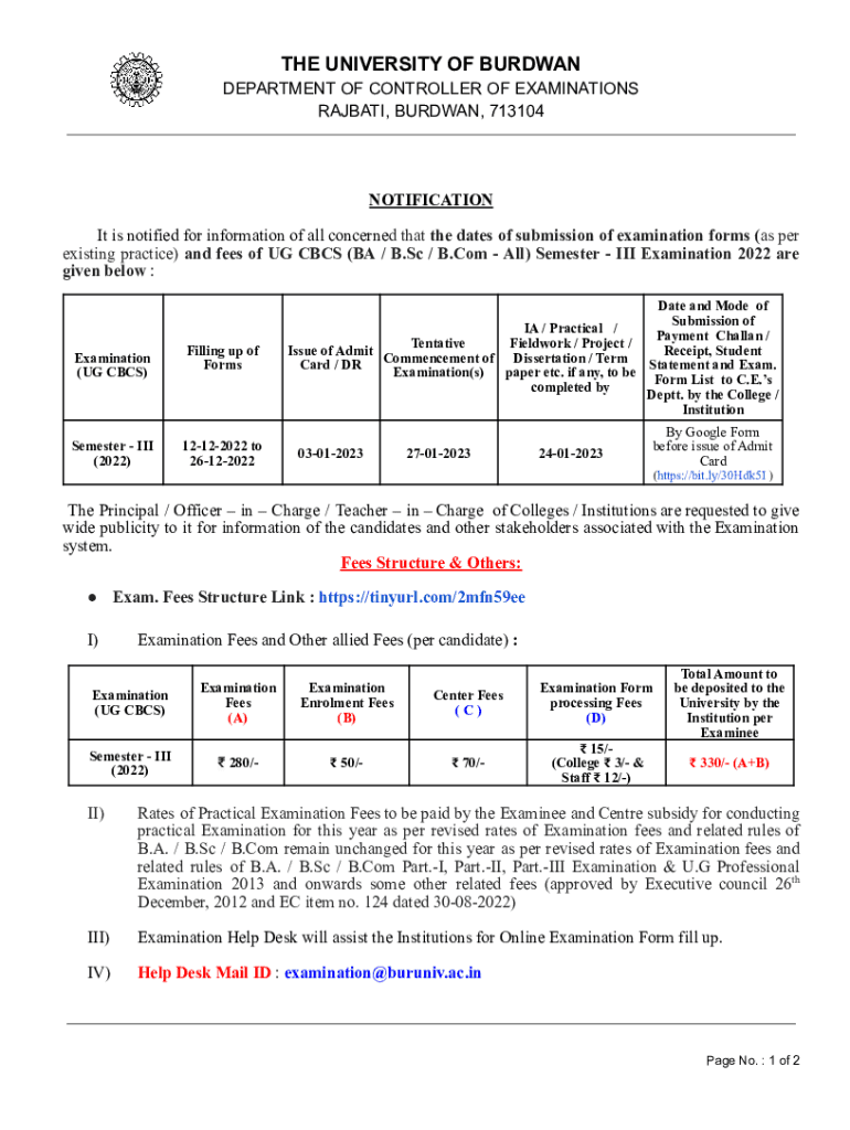 Fillable Online UG CBCS Sem - III, 2022Examinations Form Fill Up Notification Fax Email Print ...