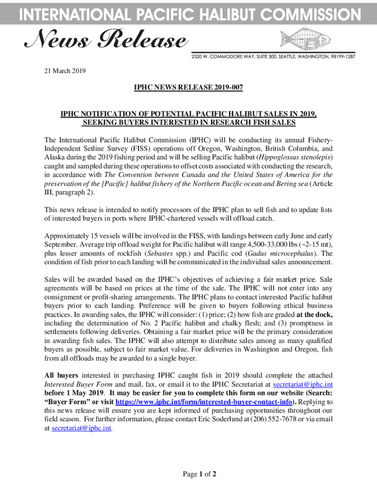 Fillable Online IPHC News Release - International Pacific Halibut ...