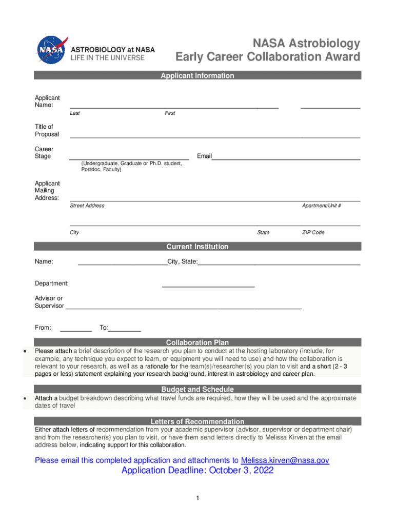 Fillable Online Reminder: The NASA Astrobiology Program Student Early ...