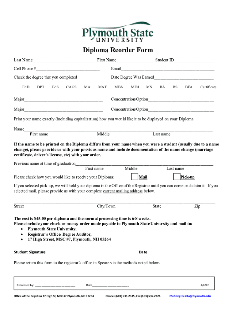 Fillable Online Diploma Reorder Form Fax Email Print - pdfFiller