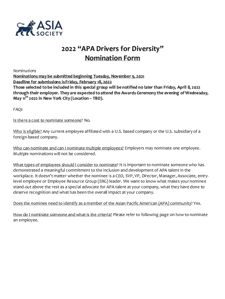 Fillable Online APA Drivers for Diversity Nomination FormAsia Society ...