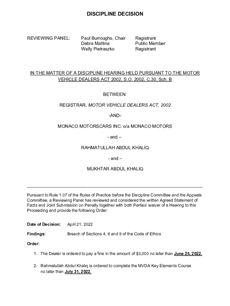 Fillable Online DISCIPLINE DECISION - OMVIC Fax Email Print - pdfFiller