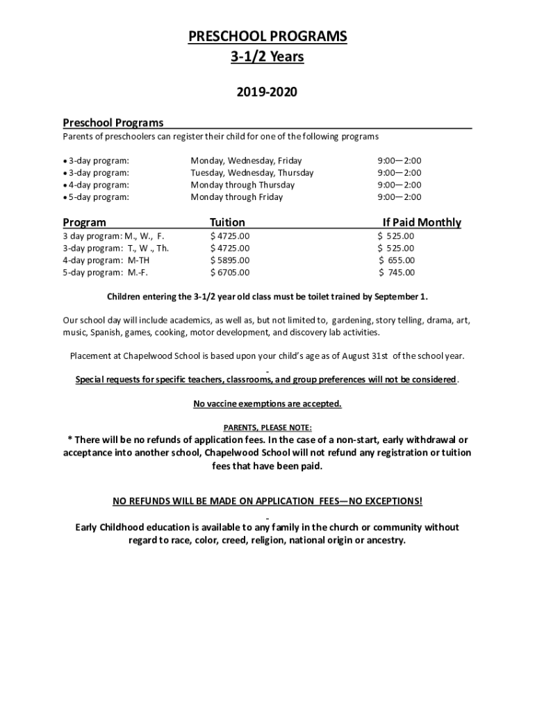 Fillable Online PRESCHOOL PROGRAMS 3-1/2 Years Fax Email Print - pdfFiller
