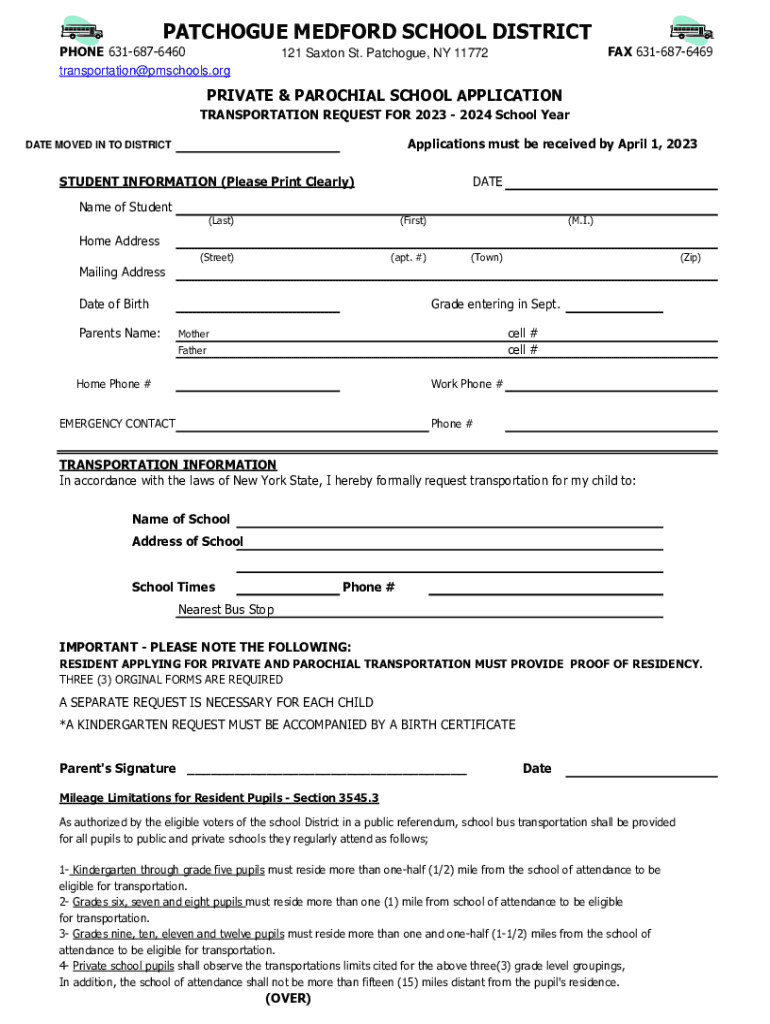 Fillable Online Private and Parochial School Transportation Application ...